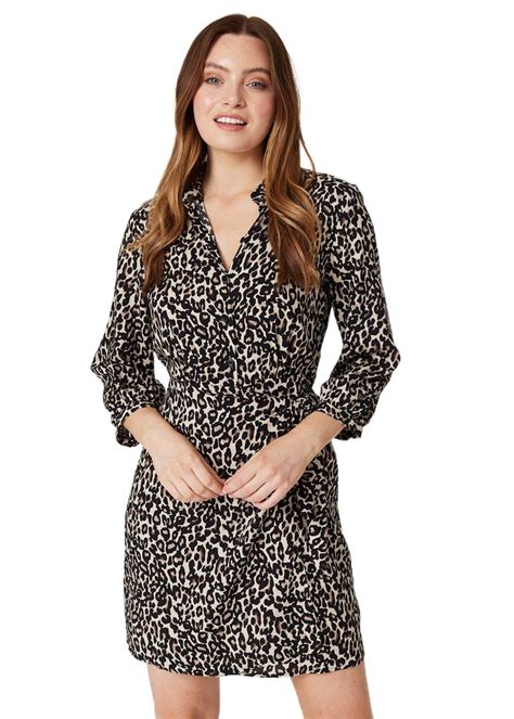 Izabel London Beige Leopard Print Wrap Shirt Dress Matalan