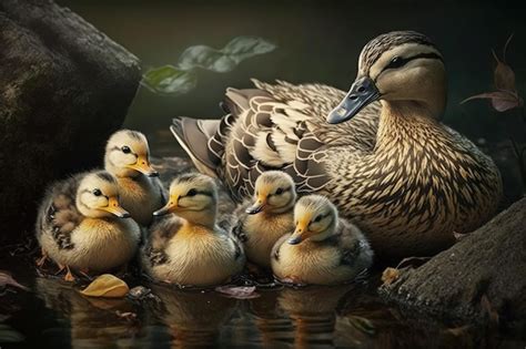 Mamá pato y su camada de patitos Foto Premium