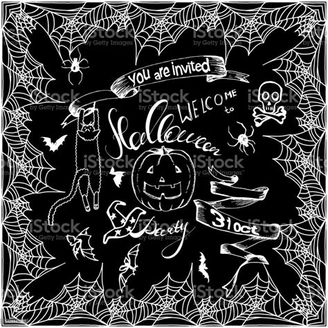 할로윈 손으로 그린 요소 인사말 카드 또는 초대장을위한 레터링 및 거미줄 프레임 세트 포스터 카드 초대장 프린트 드레스 인사말 카드의 커버 템플릿 디자인을위한 손으로 그린