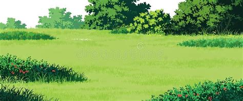 Landscape Summer Grass And Bushes In Anime Style Anime Style Stock Illustration Illustration