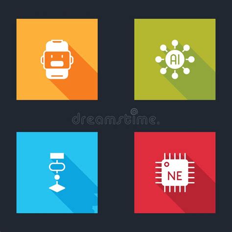 Set Chat Bot Neural Network Algorithm And Processor Cpu Icon Vector Stock Illustration