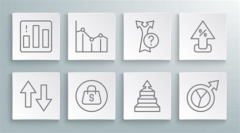 선 화살표 파이 차트 인포그래픽 세일이 포함된 쇼핑백 피라미드 인포그래픽 재무 성장 백분율 위쪽 화살표 및 아이콘 설정 벡터 개념에 대한 스톡 벡터 아트 및 기타 이미지