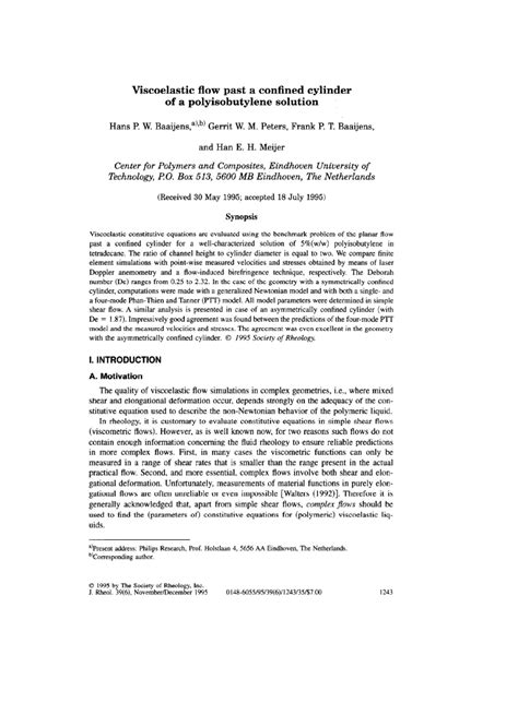 Pdf Viscoelastic Flow Past A Confined Cylinder Of A Polyisobutylene Solution