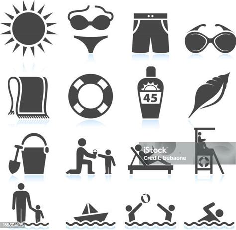 Set Ikon Vektor Hitam Putih Liburan Summer Beach Ilustrasi Stok Unduh