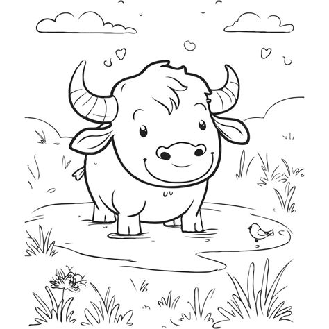 A Cartoon Drawing Of A Cow In A Field With A Sky Background Premium