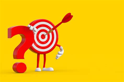 양궁 표적과 다트 중앙에 빨간 물음표 기호가 있는 만화 인물 캐릭터 마스코트 3d 렌더링 3차원 형태에 대한 스톡 사진 및 기타 이미지 3차원 형태 개념 겨냥