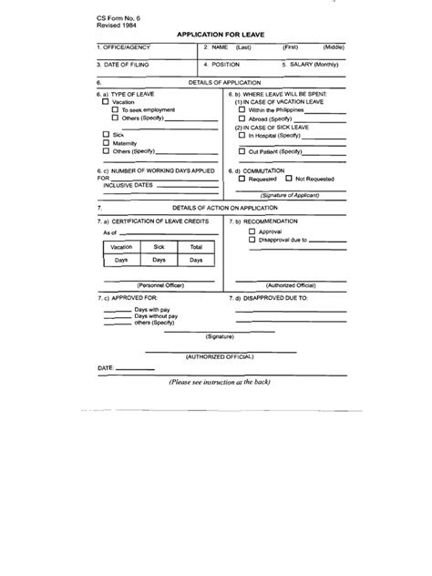 Cs Form No 6 Revised 1984 Application For Leave Form Pdf Leave