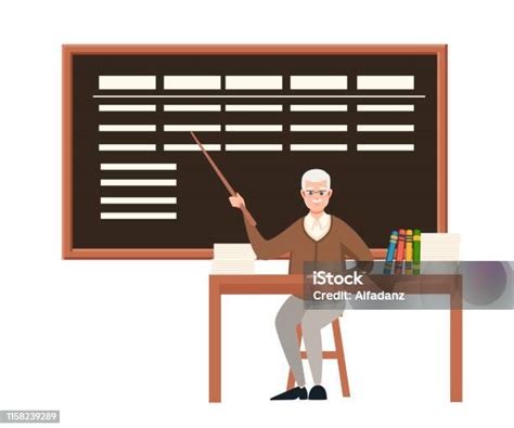 선임 교사 교수가 테이블 에 앉아있다 칠판 포인터 책과 나무 테이블에 목록 만화 캐릭터 디자인 흰색 배경에서 격리된 플랫 벡터