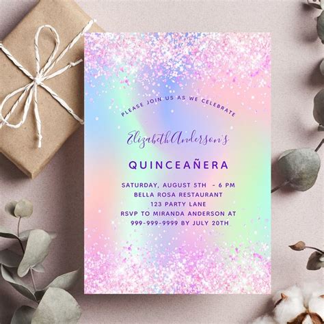 Quinceanera Pink Purple Glitter Holographic Invitation Zazzle