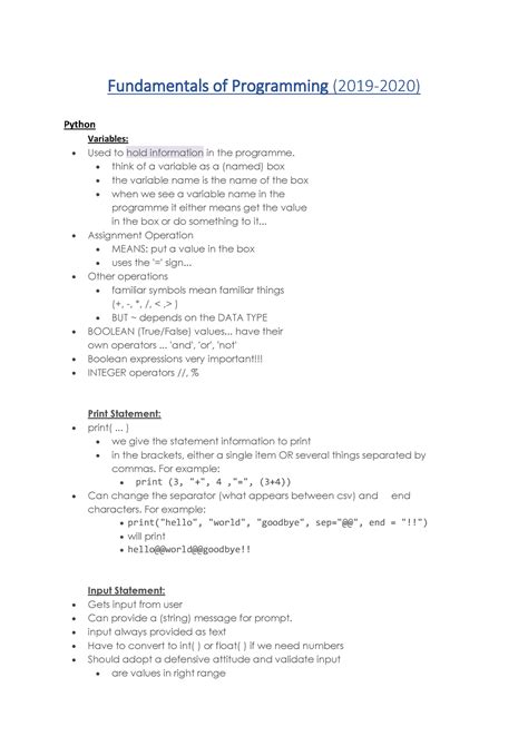 Fundamentals Of Programming Summary 2019 2020 Warning Tt Undefined