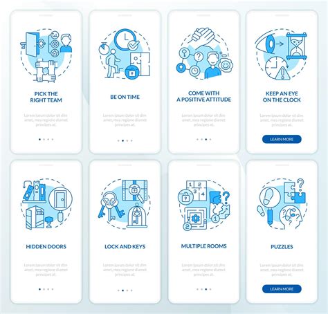 Escape Room Immersive Experience Blue Onboarding Mobile App Screen Set