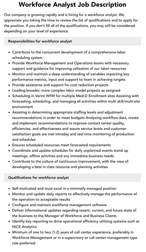 Workforce Analyst Job Description Velvet Jobs