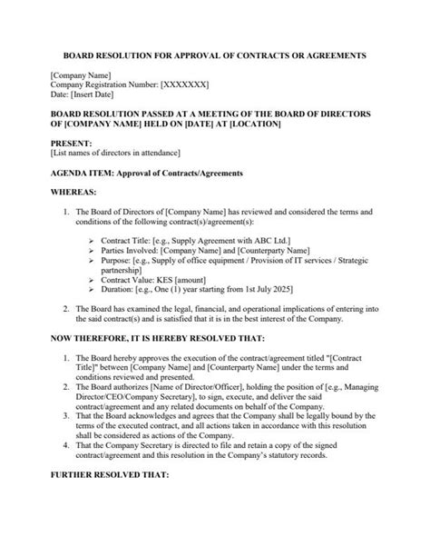 Board Resolution For Approval Of Contracts Or Agreements