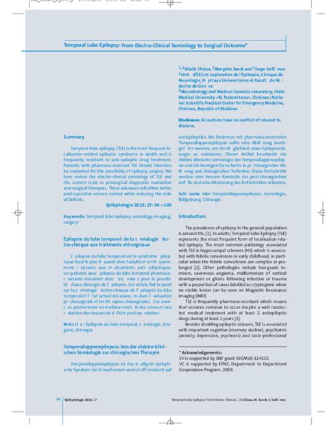Pdf Temporal Lobe Epilepsy From Electro Clinical Semiology To Surgical Outcome