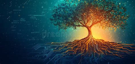The Fusion Of Nature And Technology A Majestic Tree Rooted In Digital