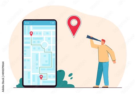 Tiny Man With Spyglass Next To Big Phone With City Map On Screen Mobile App Showing Route To