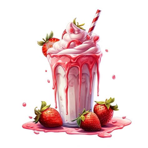 Milk Shake De Morango Chantilly E Morangos Em Um Fundo Branco