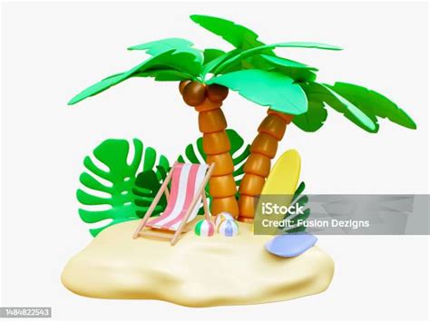 여름 휴가와 여행 개념입니다 야자수 식물 해변 의자 서핑보드 해변공이 있는 작은 섬 3d 렌더링 3차원 형태에 대한 스톡 사진 및 기타 이미지 Istock
