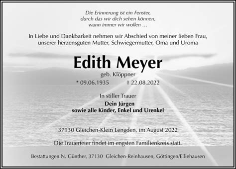 Traueranzeigen Von Edith Meyer Trauer Anzeigende