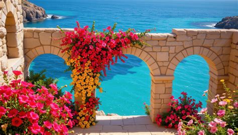 Stone Arches Spanning Turquoise Waters Enhanced By Cascading Floral