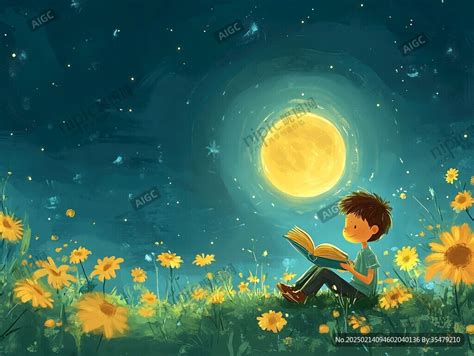 Ai创作图儿童看书插画 读书儿童插画 唯美小男孩插画 阅读插画插图 美好的夜晚插画 治愈系儿童插画 读书梦背景 意境儿童插画 月色夜晚手绘插画 儿童读物插画 睡前故事插画封面 儿童插画书籍插画