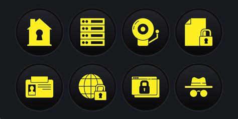 식별 배지 문서 및 잠금 글로벌 잠금 Ssl 울리는 알람 벨 서버 데이터 웹 호스팅 시크릿 모드 및 보호 아이콘 아래 의 집으로 사이트를 보호합니다 벡터 검은색에