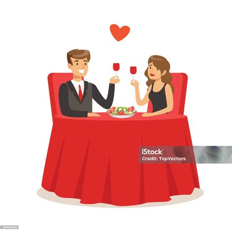 행복 한 카페에 앉아 우아한 커플 남자와 여 자가 빨간색의 안경을 들고 와인 즐기는 로맨틱 한 저녁 식사 날짜 다채로운 캐릭터 벡터 일러스트 레이 션 커플에 대한 스톡 벡터