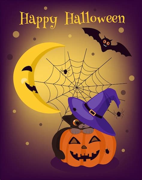 Premium Vector Happy Halloween Greeting Card With Cat Pumpkin