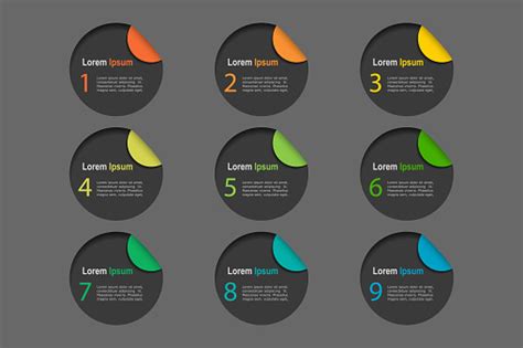 9 단계의 사업 개념 다채로운 라벨이있는 원 워크 플로우 레이아웃 다이어그램 연간 보고서 웹 디자인 디자인 크리 에이 티브 배너 벡터 개발에 대한 스톡 벡터 아트 및 기타