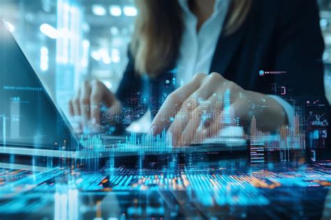 Businesswoman Using Laptop With Advanced Data Analytics Visualization Stock Illustration