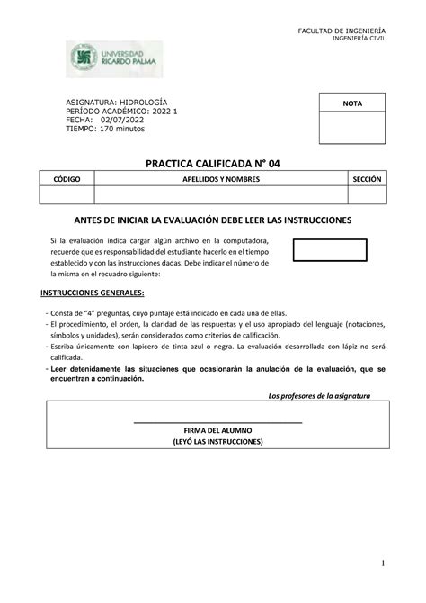 Práctica calificada 4 FACULTAD DE INGENIERÕA INGENIERÕA CIVIL