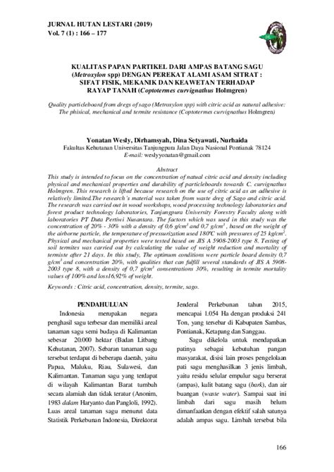 Pdf Kualitas Papan Partikel Dari Ampas Batang Sagu Metroxylon Spp
