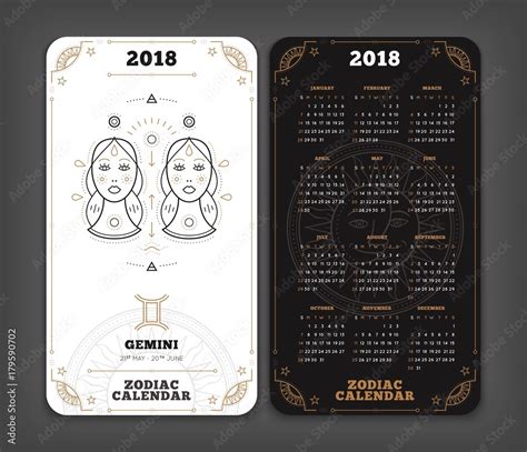 Gemini Year Zodiac Calendar Pocket Size Vertical Layout Double Side Black And White Color