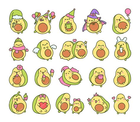 Premium Vector Kawaii Cute Avocado With Funny Faces Cartoon Happy