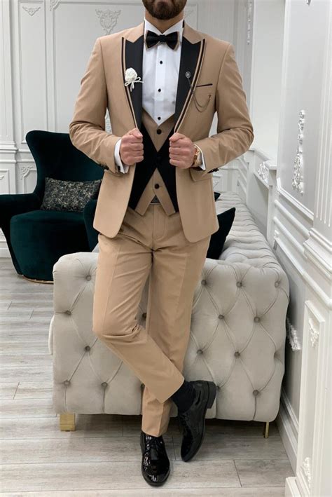 Men 3 Piece Tuxedo Suit Slim Fit Suit Beige Wedding Suit Sainly Sainly