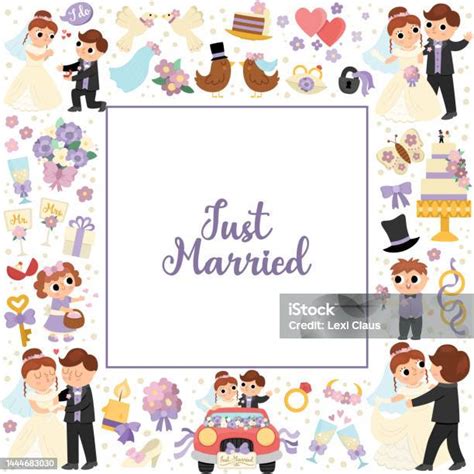 방금 결혼한 부부가 있는 벡터 웨딩 사각형 프레임 배너 초대장에 대 한 결혼식 카드 템플릿입니다 신부 신랑 신부 들러리 신랑 케이크 반지가 있는 귀여운 결혼 그림 꽃 식물에