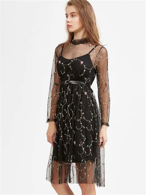 Black Flower Embroidered Mesh Overlay Dress Mesh Overlay Dress