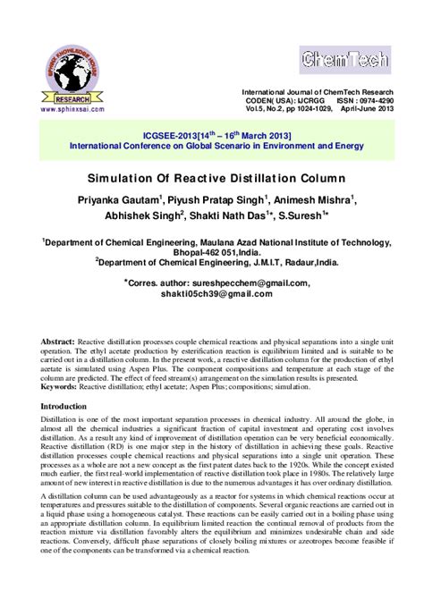 Pdf Simulation Of Reactive Distillation Column