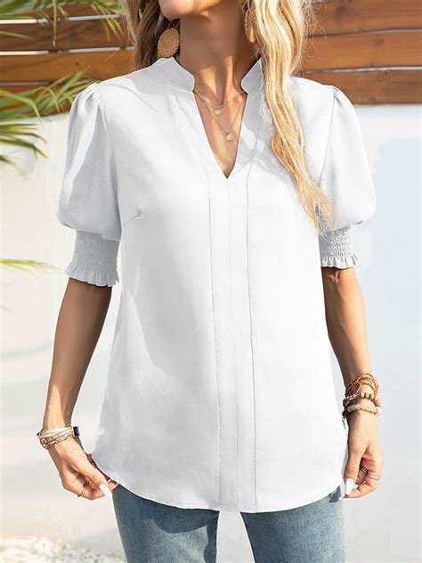 Half Sleeves Loose Solid Color V Neck T Shirts Tops