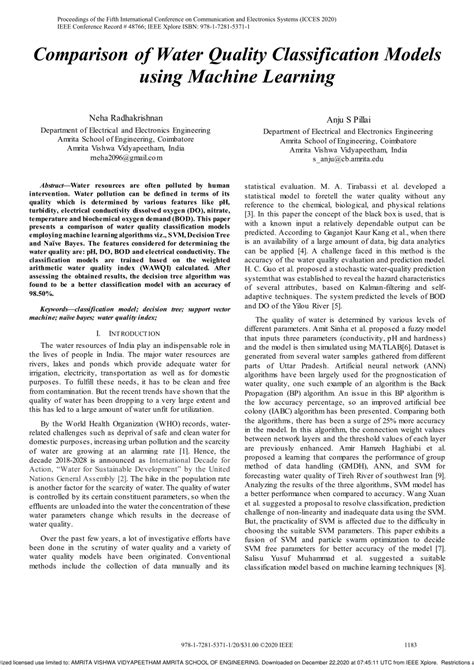 Pdf Comparison Of Water Quality Classification Models Using Machine Learning