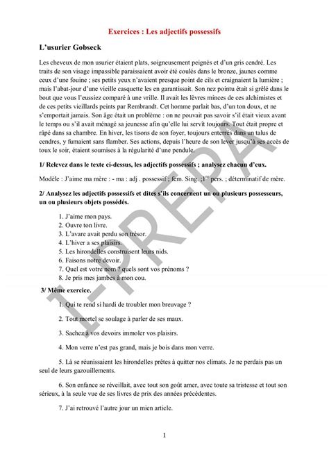 Exercices Les Adjectifs Possessifs L Usurier Gobseck Poly Prepas