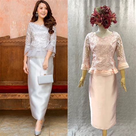 ชุดไทยประยุกต์ ชุดแม่เจ้าบ่าวเจ้าสาว ชุดใส่ออกงาน เสื้อเนื้อลูกไม้ใยบวบลายสวยปักกริ้ตเตอร์