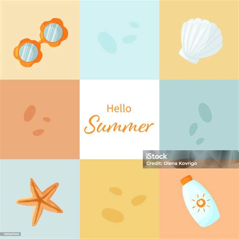 다양한 해변 요소가 있는 여름 배너입니다 안녕하세요 여름 텍스트입니다 선글라스 조개껍데기 선크림이 있는 밝은 해변 배너 여름 행사를 위한 템플릿 0명에 대한 스톡 벡터 아트