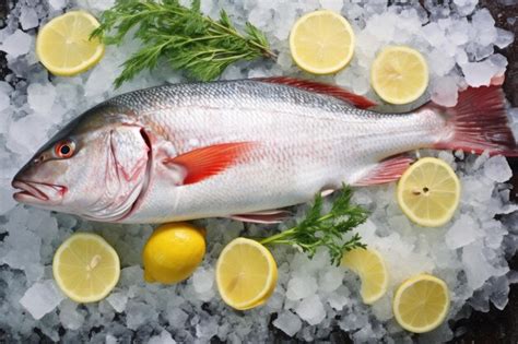 Pescado Crudo Entero En Hielo Con Rodajas De Limón Y Hierbas Esparcidas