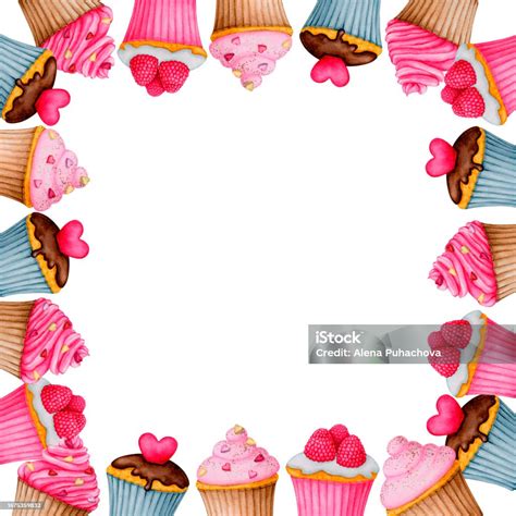 컵 케이크의 사각형 프레임입니다 카드 초대장 메뉴 로고 레이블 태그의 디자인을위한 수채화 테두리 발렌타인 데이 생일 어린이 휴가를위한 클립 아트 공휴일에 대한 스톡 벡터