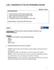 LAB ACTIVITY OOP Docx SLAB FUNDAMENTALS OF THE JAVA PROGRAMMING LANGUAGE Duration