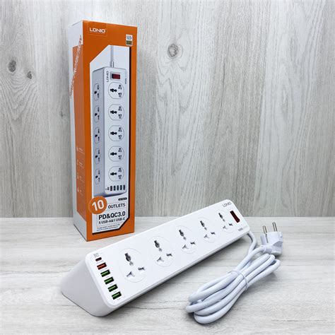 Мережний Фільтр LDNIO SC10610 на 10 Розеток + 5 USB + Type-C 18W (білий ...