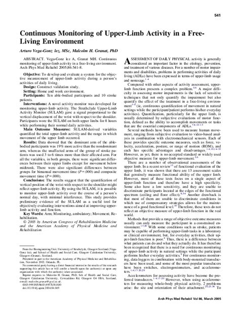 Pdf Continuous Monitoring Of Upper Limb Activity In A Free Living Environment