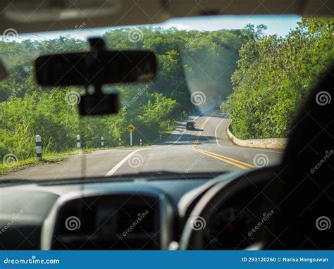 Driver Point Of View Inside A Car While Driving On A Rainy Day Stock