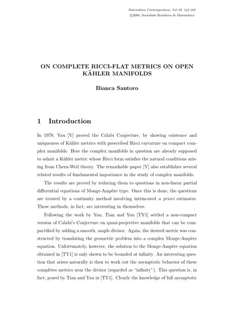 Pdf On Complete Ricci Flat Metrics On Open Kahler Manifolds